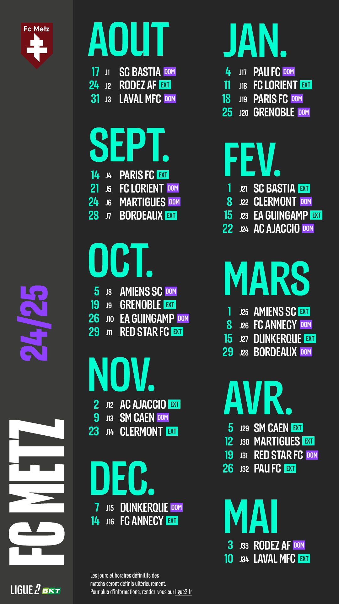 FC Metz : le calendrier 2024/2025 de la saison de Ligue 2 dévoilé